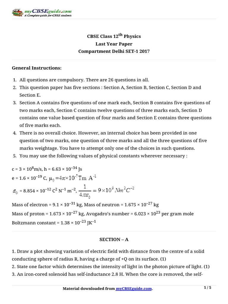 CBSE Class 12 Physics Last Year Paper Compartment Delhi SET-1 2017 ...