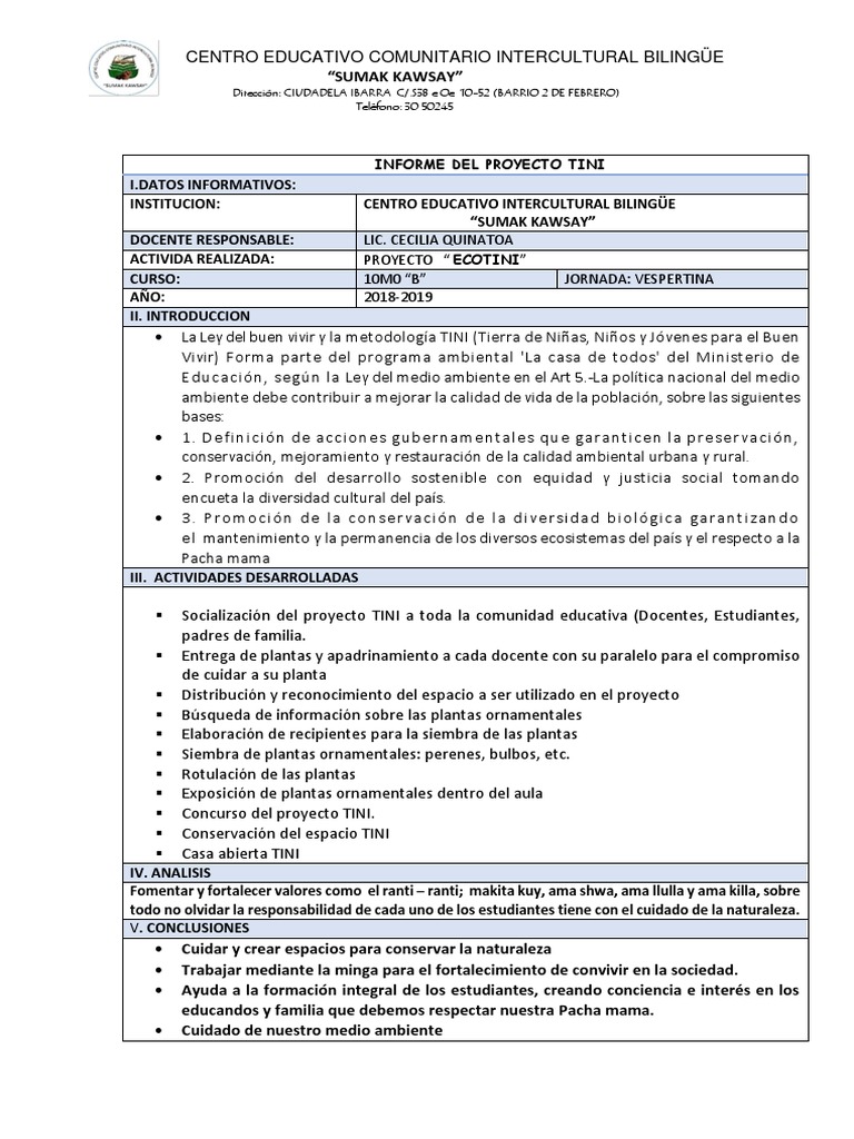 Informe Del Proyecto Tini | PDF | Entorno natural | Ciencias sociales ambientales