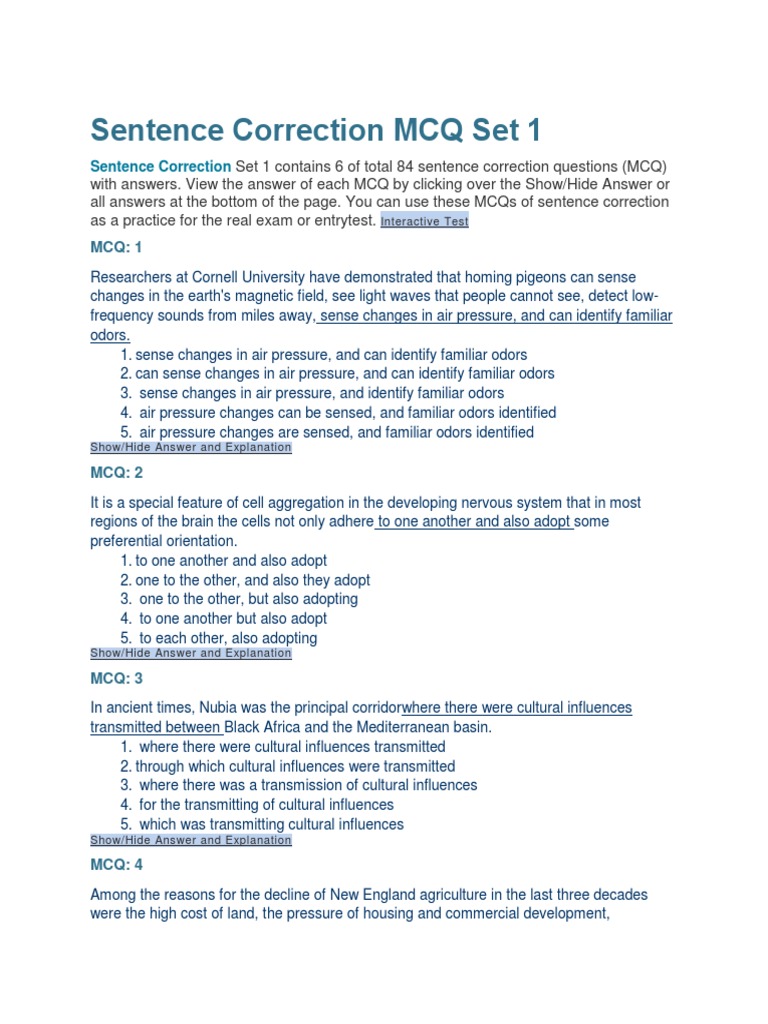 Sentence Correction MCQ Set 1 | PDF | Multiple Choice | Orbit