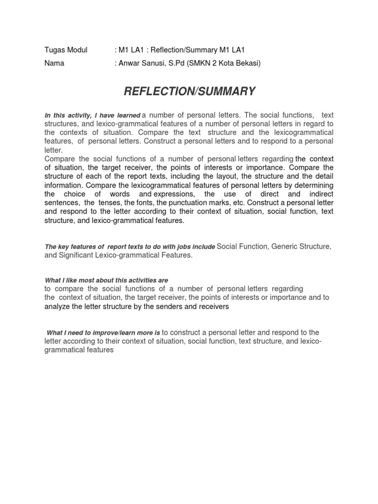 Reflection Summary m1 La1 | PDF