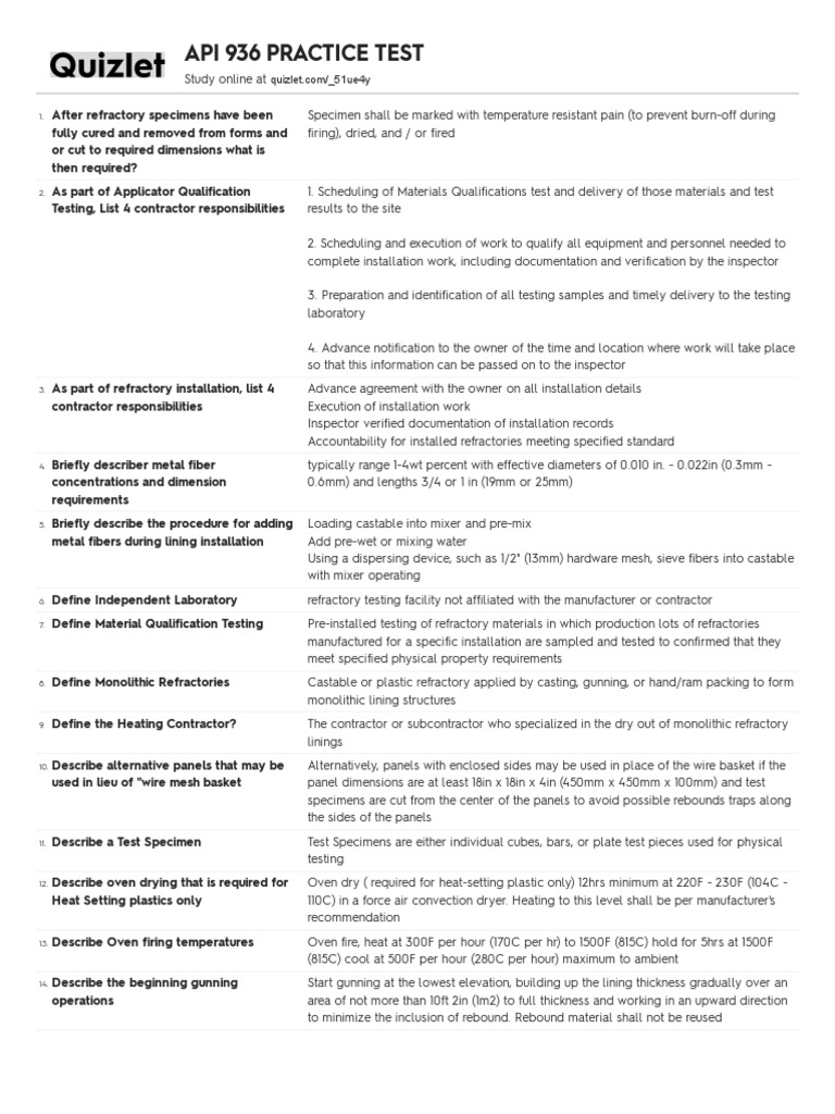 Api 936 Practice Test | PDF | Refractory | Specification (Technical ...