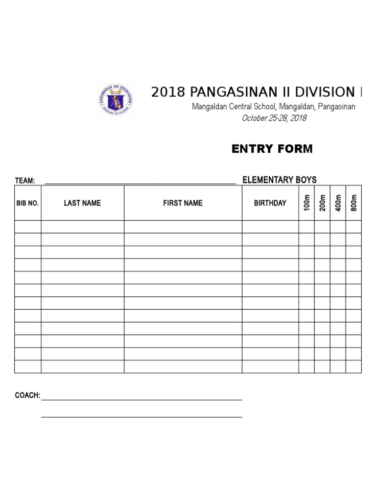 2018 Pangasinan II Division Meet Entry Form | PDF | Sports