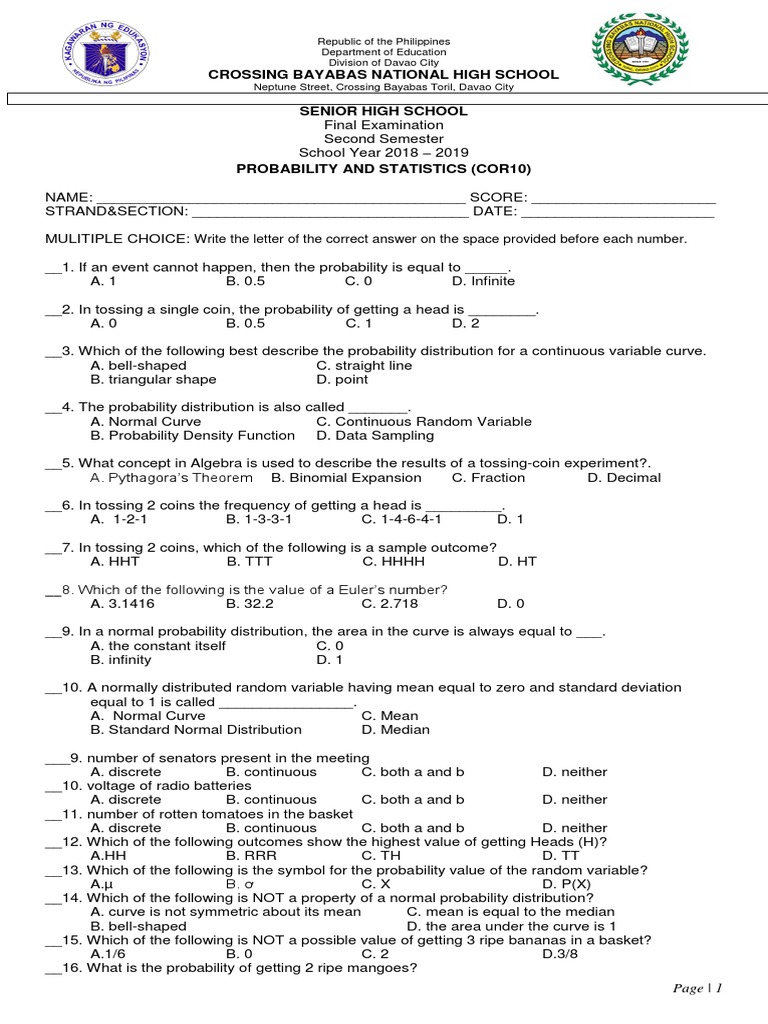 Proba and Stat Prefi Exam | PDF | Probability Distribution | Mean