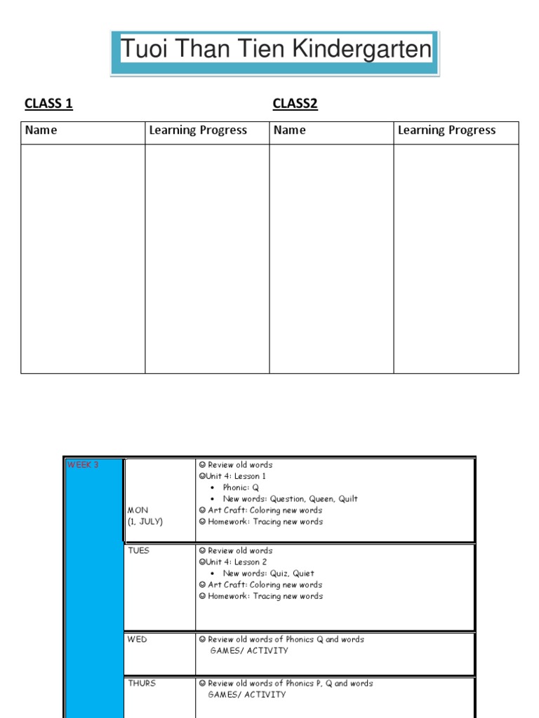 Weekly Lesson Plan for Kindergarten Q Words | PDF | Phonics | Education ...