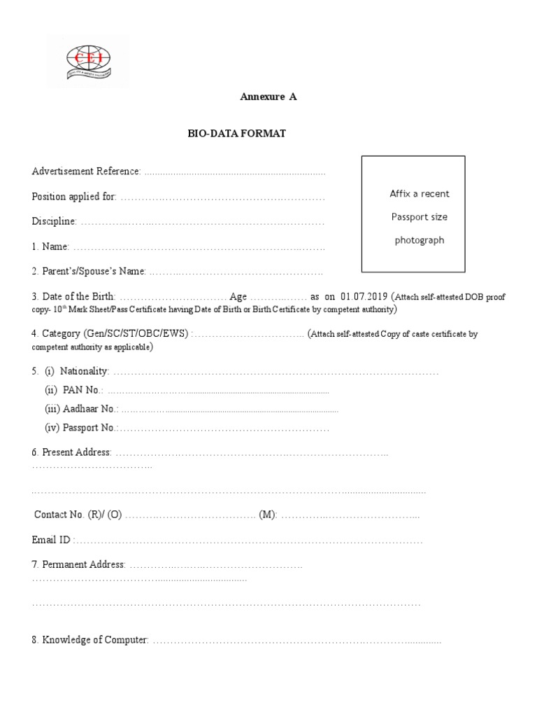 Annexure A: Affix A Recent Passport Size Photograph | PDF
