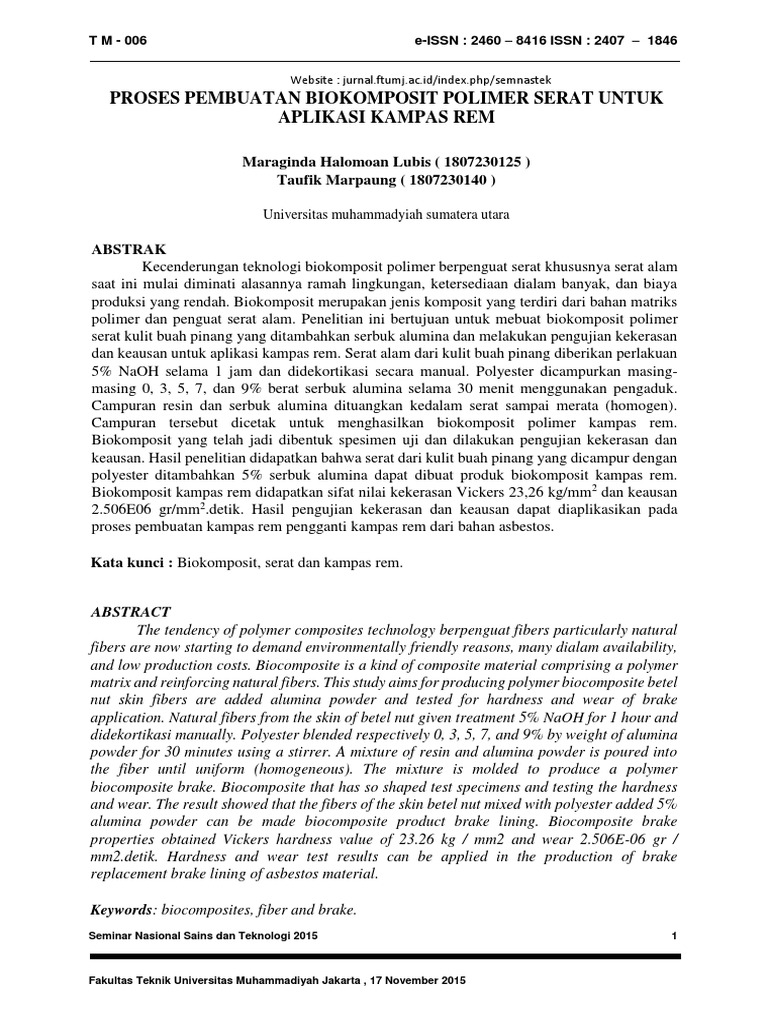 Proses Pembuatan Biokomposit Polimer Serat Untuk Aplikasi Kampas Rem ...