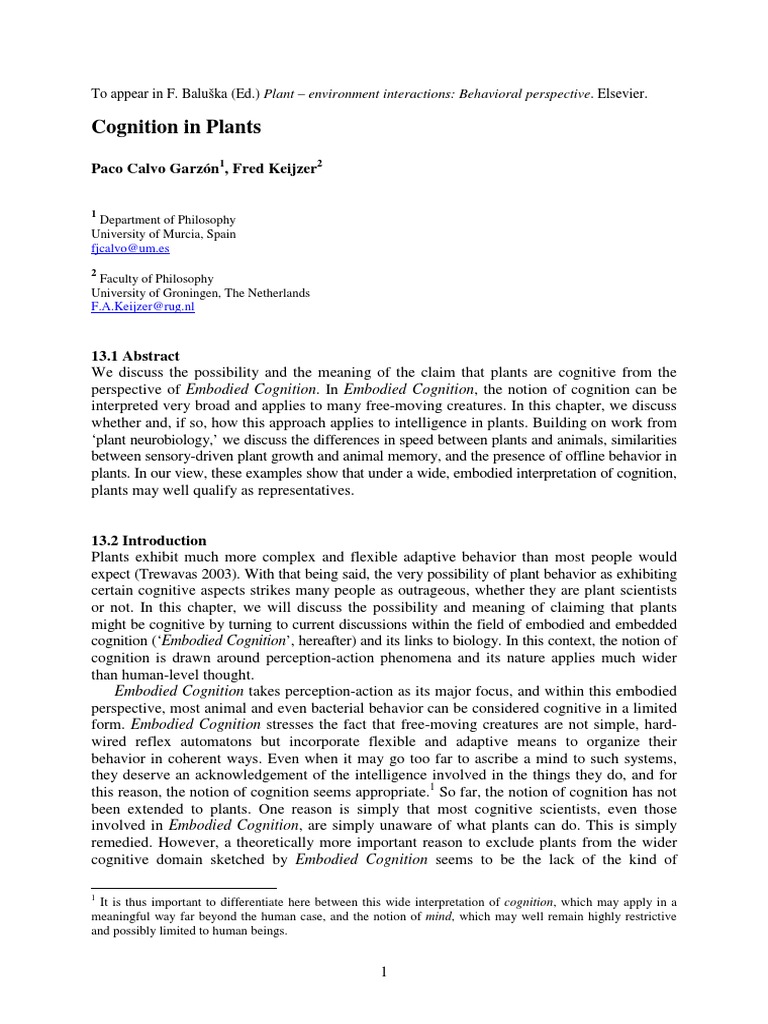 Cognition in Plants: An Embodied Perspective | PDF | Embodied Cognition ...