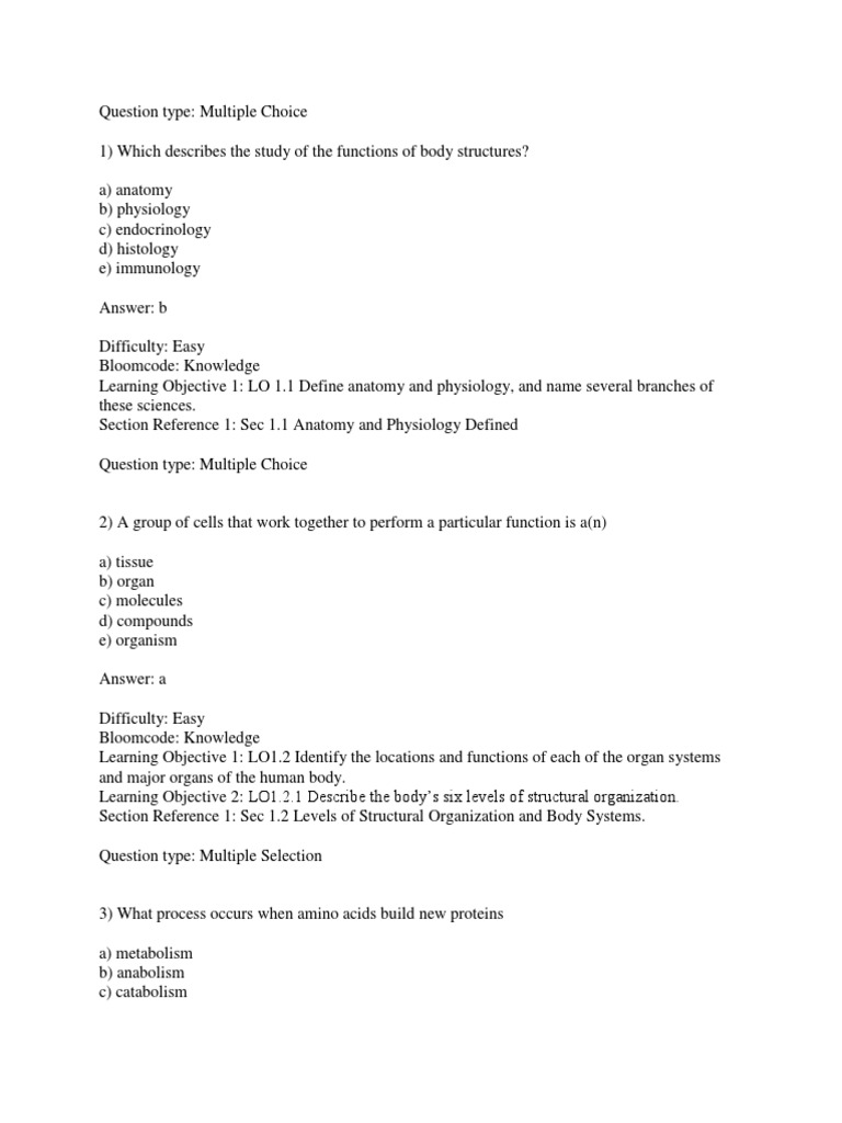 Anatomy and Physiology Quiz Questions | PDF | Anatomical Terms Of ...