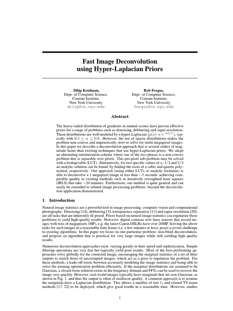 Fast Image Deconvolution Using Hyper-Laplacian Priors: Dilip Krishnan, Rob Fergus | PDF ...