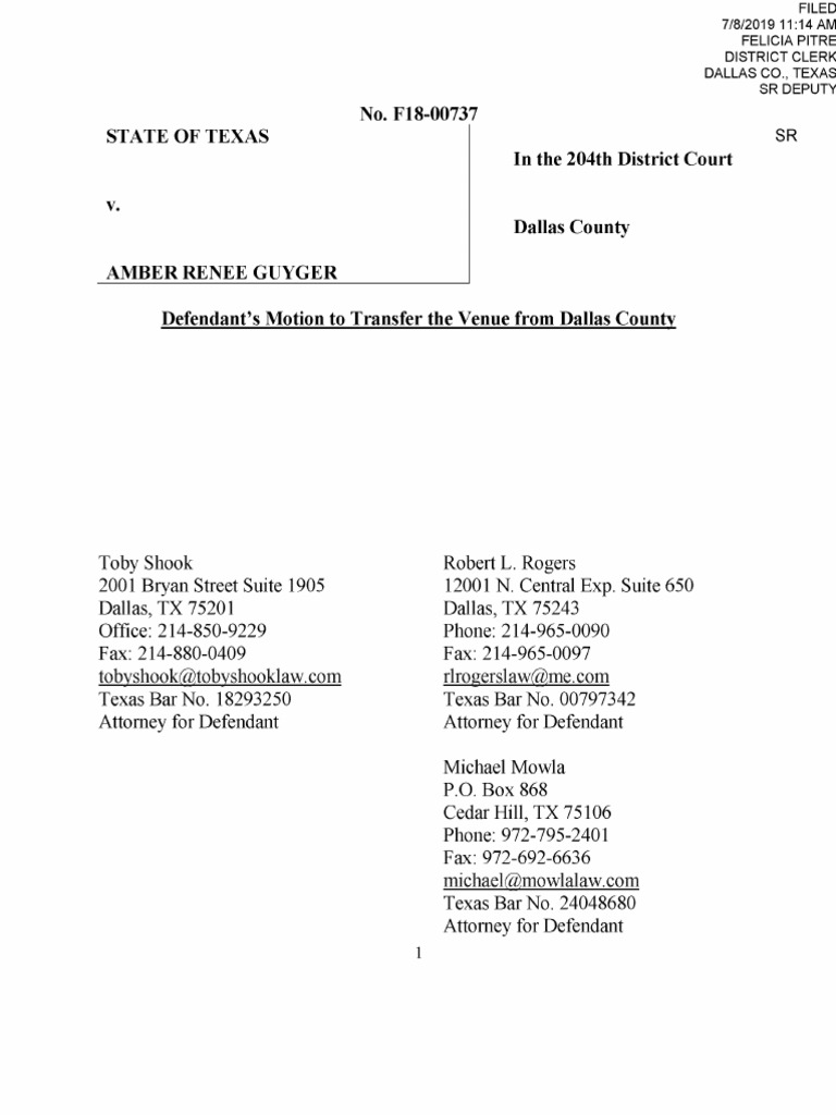 Change of Venue Motion in Amber Guyger's Case | PDF