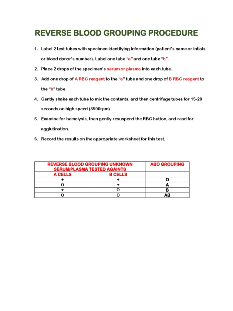 Reverse Blood Grouping Procedure: A B Serum or Plasma A RBC Reagent A B ...