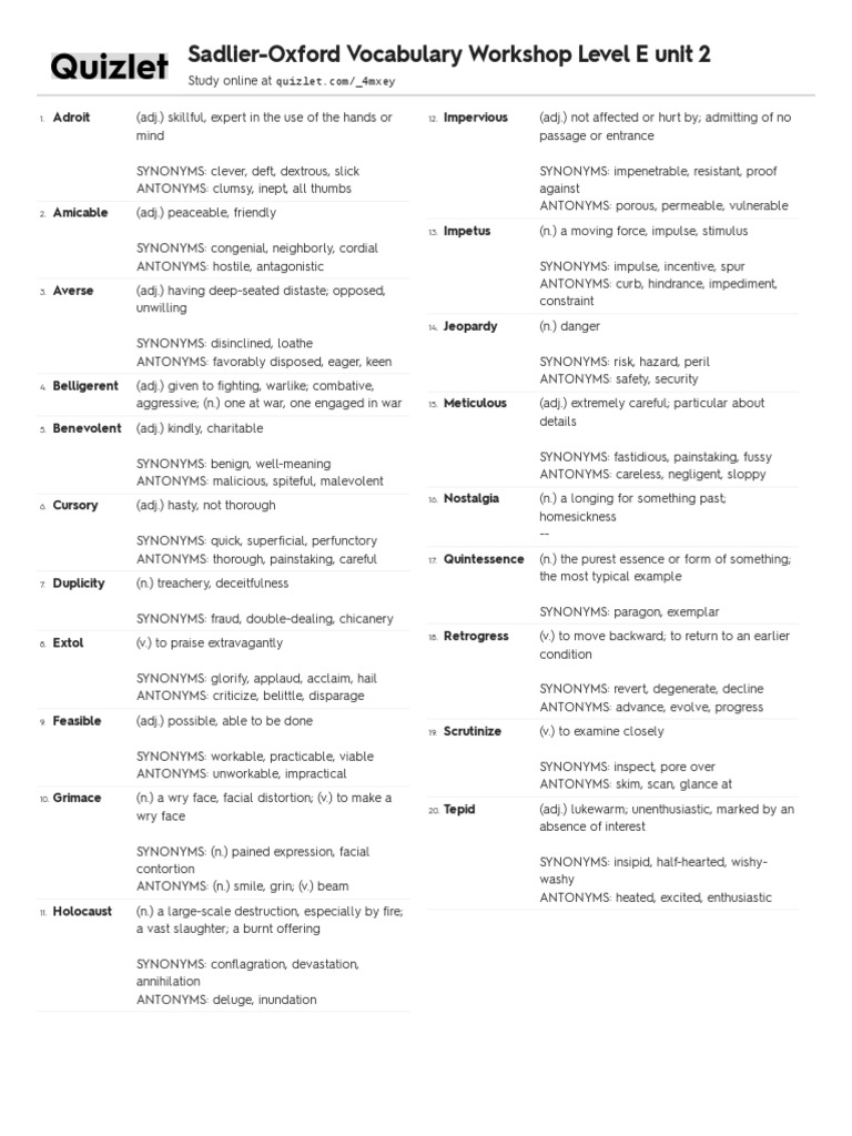 Sadlier-Oxford Vocabulary Workshop Level E Unit 2 | PDF
