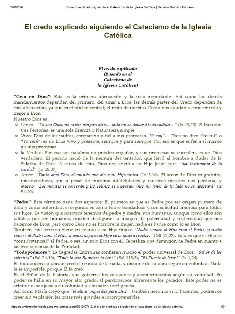 El Credo Explicado Siguiendo El Catecismo de La Iglesia Católica - Servicio Catolico Hispano ...