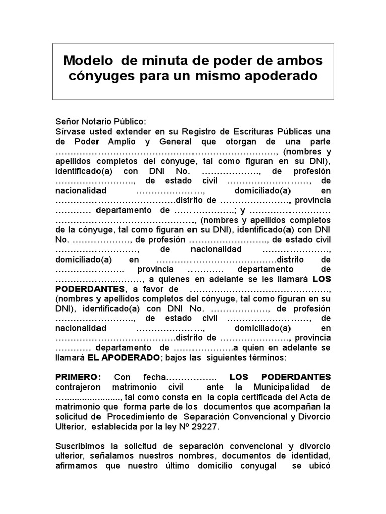 07 - MODELO MINUTA PODER DE AMBOS CONYUGES PARA UN MISMO APODERADO.doc | Divorcio | Matrimonio