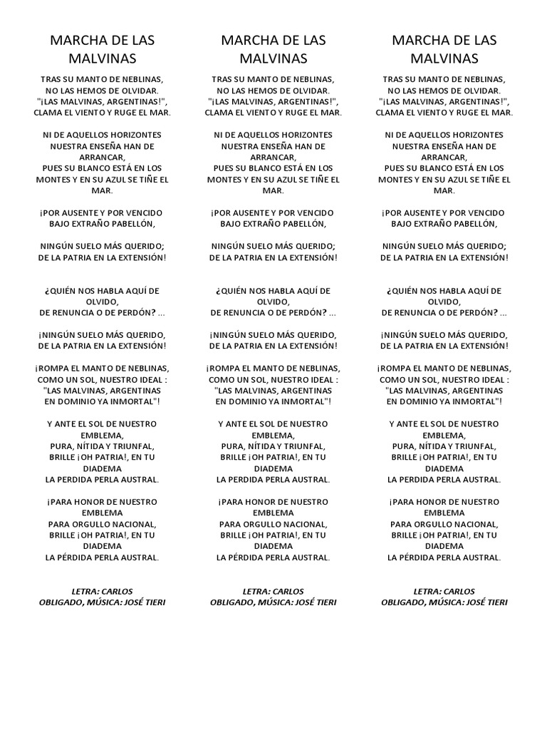 MARCHA DE LAS MALVINAS Letra | PDF | Islas Malvinas | Argentina