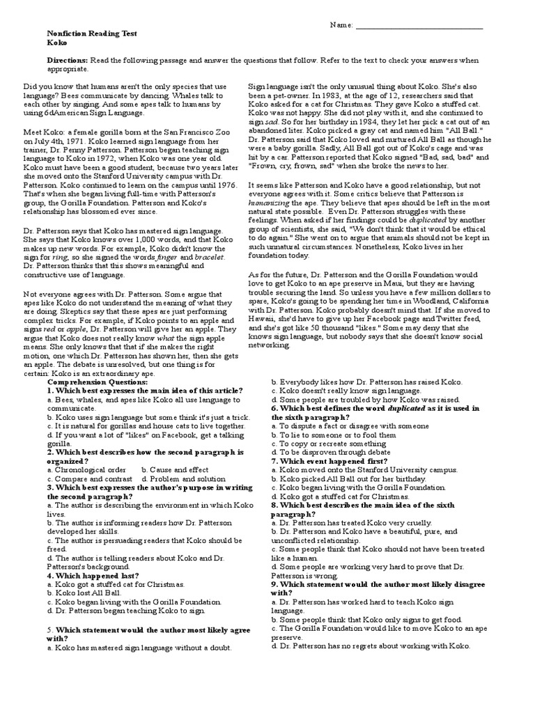 Nonfiction Reading Test Koko | PDF