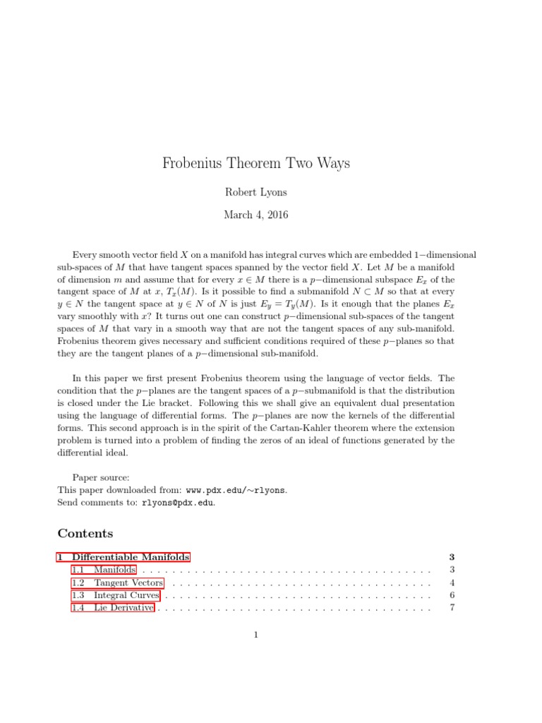 Lyons Frobenius Theorem | PDF | Differentiable Manifold | Manifold