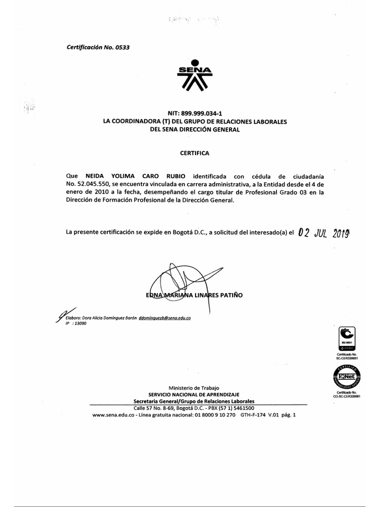 Certificado Laboral Sena | PDF
