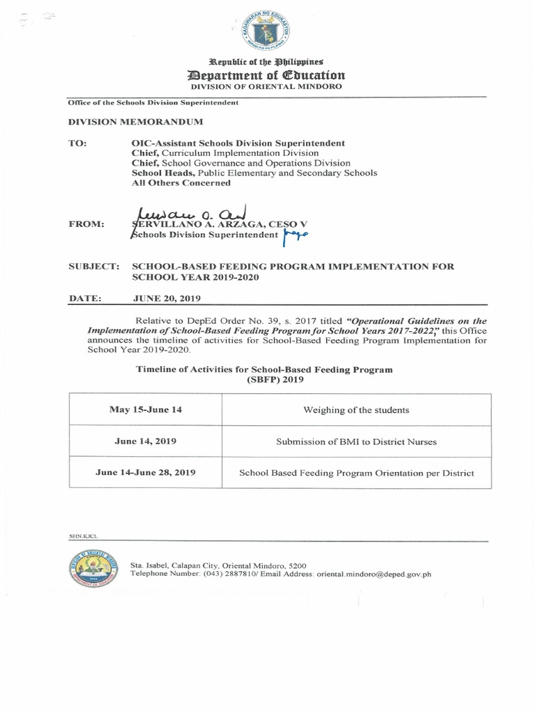 School-Based Feeding Program Implementation For School Year 2019-2020 ...