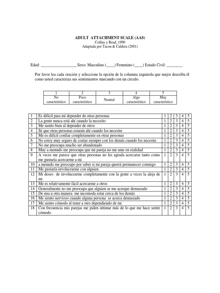 Adult Attachment Scale | PDF | Teoría de apego | Sicología