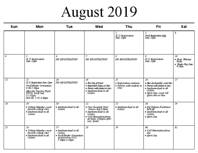Parent Calendar August 2019 | PDF