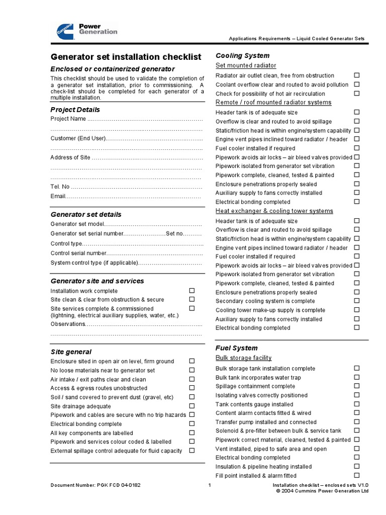 Generator Set Installation Checklist: Enclosed or Containerized ...