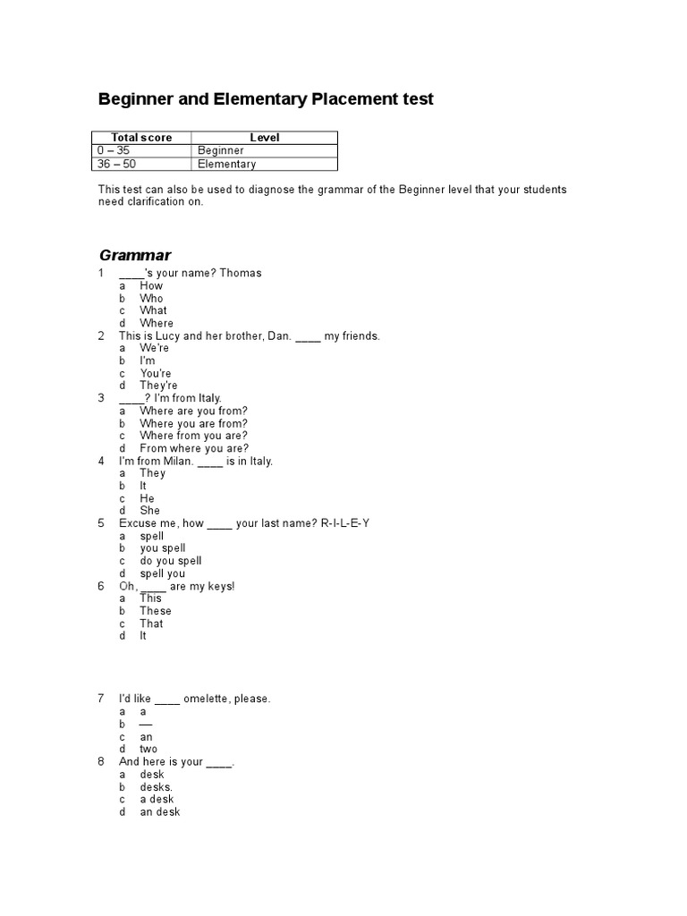 Beginner Elementary Placement Test | PDF | Language Arts & Discipline | Art