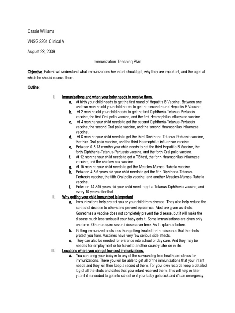 Immunizations Teaching Plan | PDF | Vaccines | Clinical Medicine
