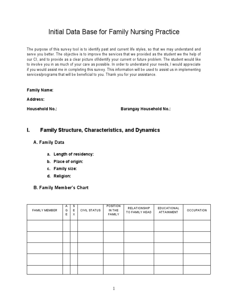 Initial Data Base For Family Nursing Practice | PDF | Nursing | Sanitation