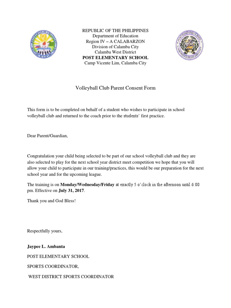 Calamba City Volleyball Club Parent Consent Form | PDF | Learning