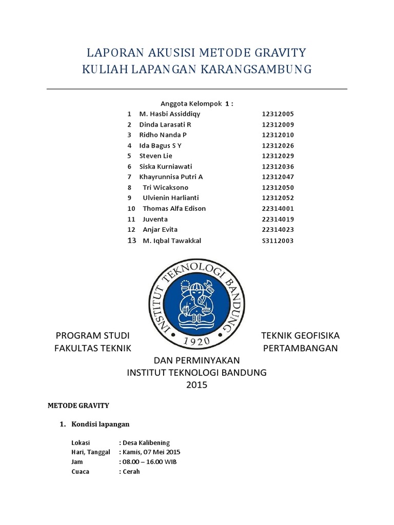 Laporan Akuisisi Metoda Gravity Kelompok 1 PDF | PDF