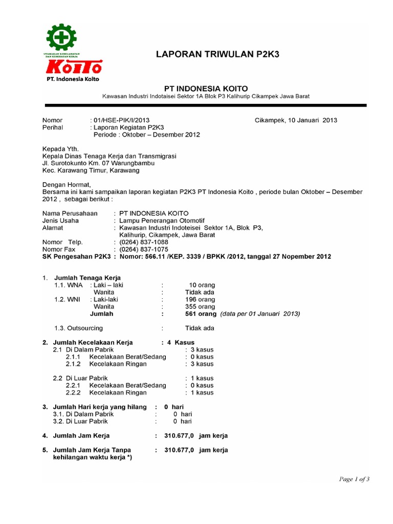 Contoh Laporan P2K3 | PDF