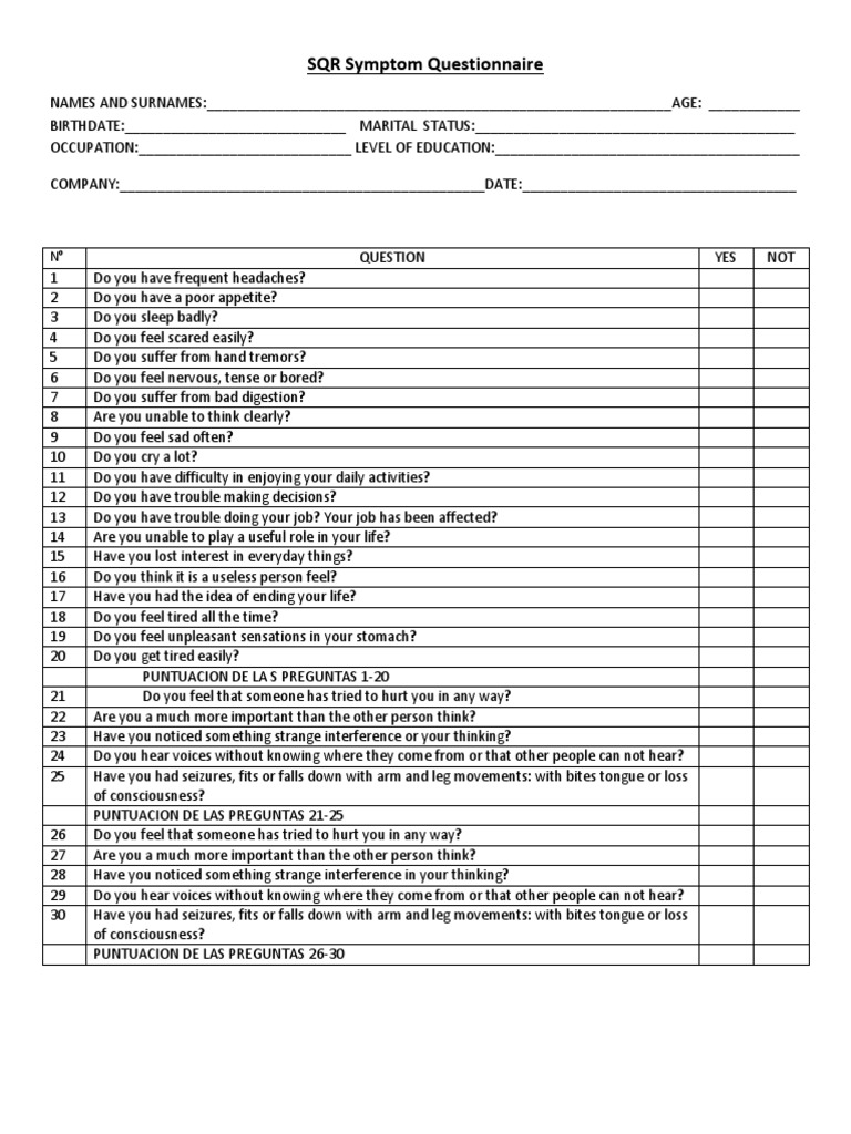 SQR Symptom Questionnaire | PDF | Human Diseases And Disorders | Medicine