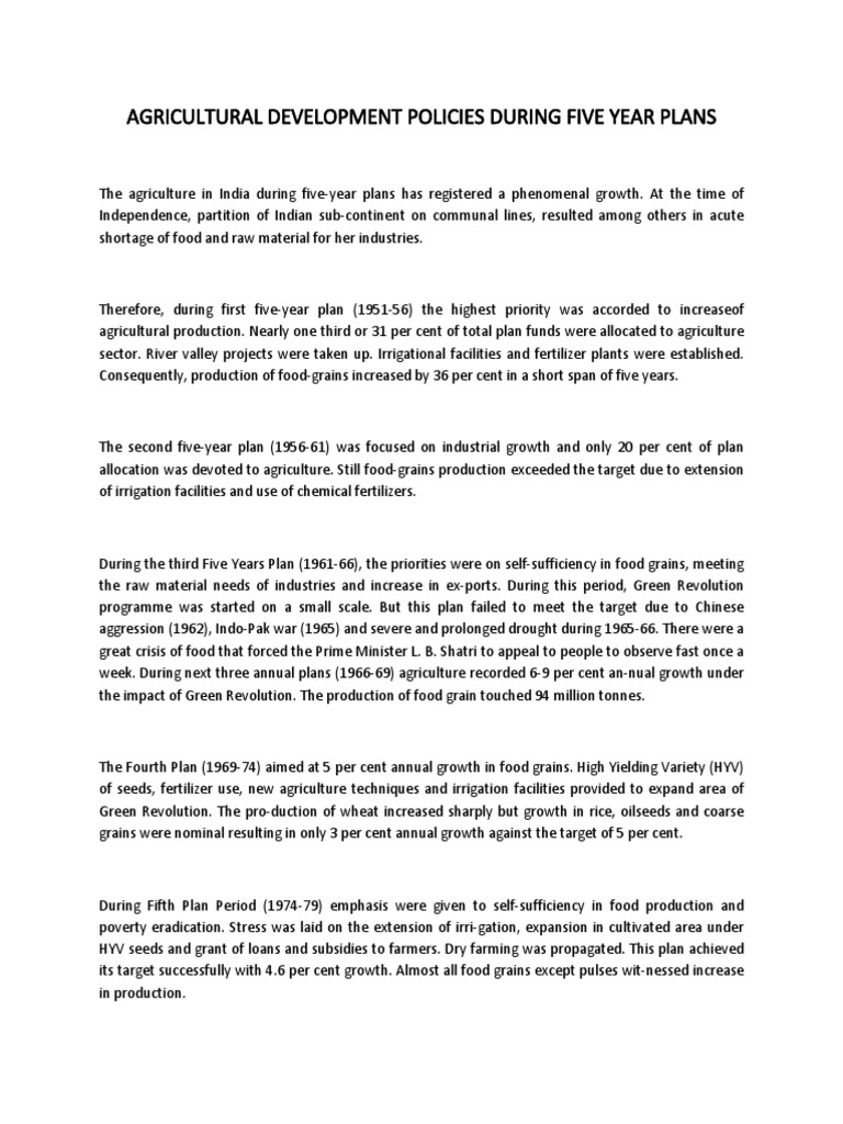 Agricultural Development Policies During Five Year Plans | PDF | Green ...