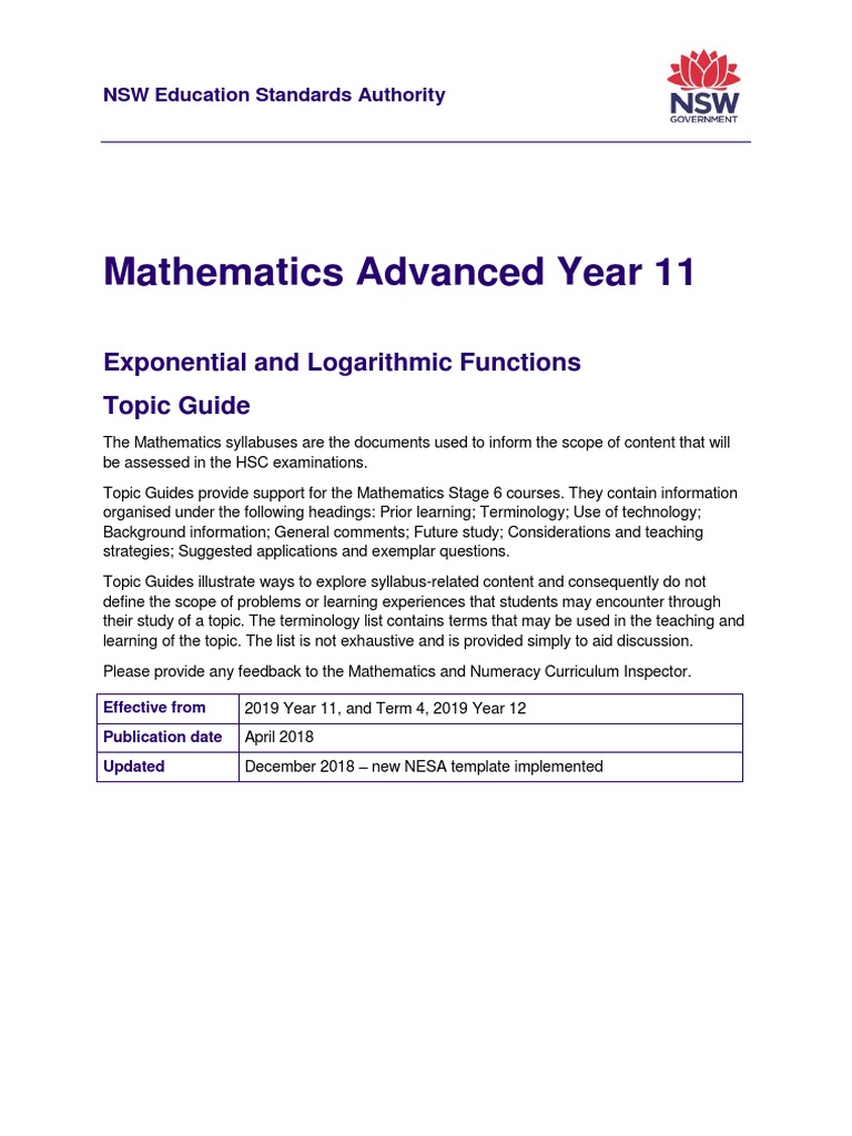 Mathematics Advanced Year 11 Topic Guide Exponential and Logarithmic Functions | PDF | Logarithm ...
