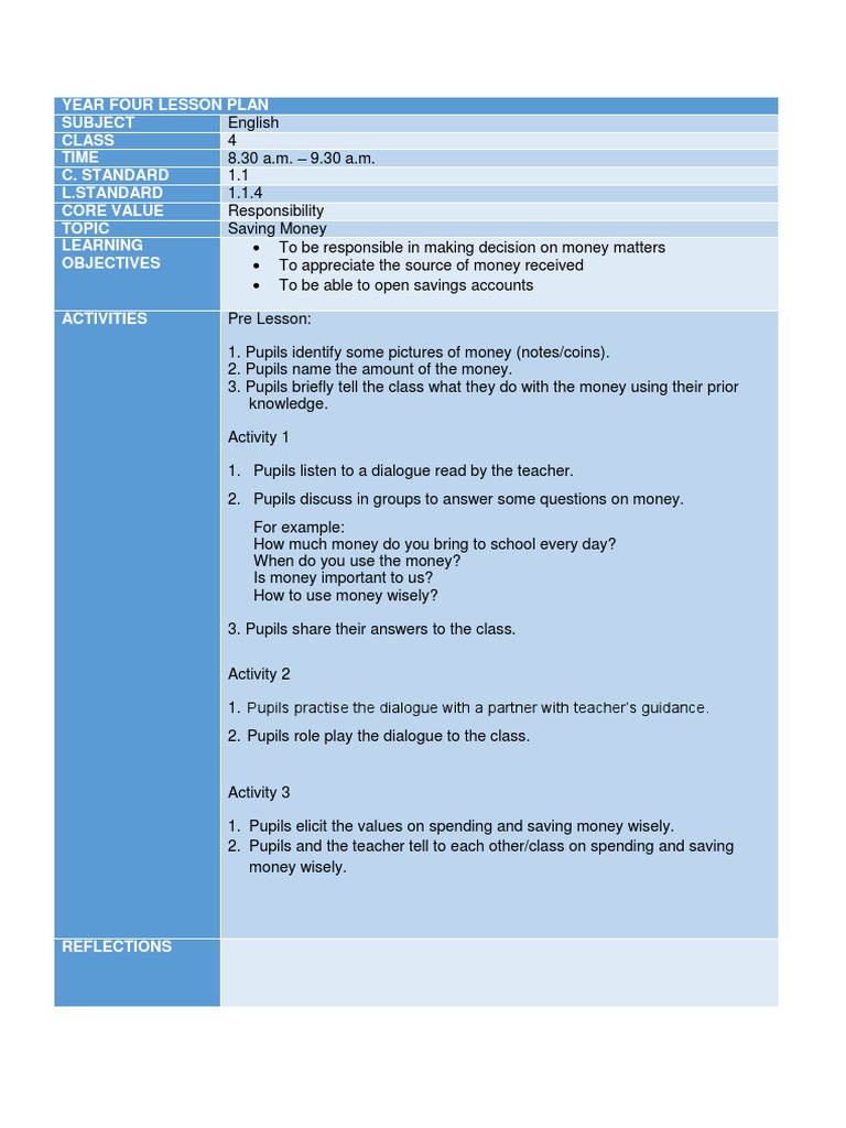 Year Four Lesson Plan Subject Class Time C. Standard L.Standard Core ...