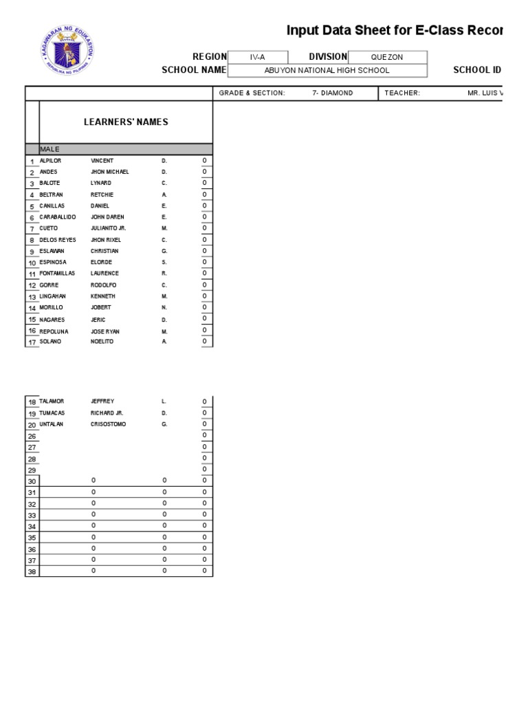 Input Data Sheet For E-Class Record: Region Division School Name School ...