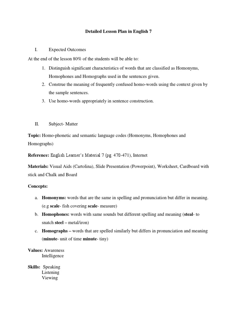 Detailed Lesson Plan in Homo Words | PDF | Linguistic Morphology ...