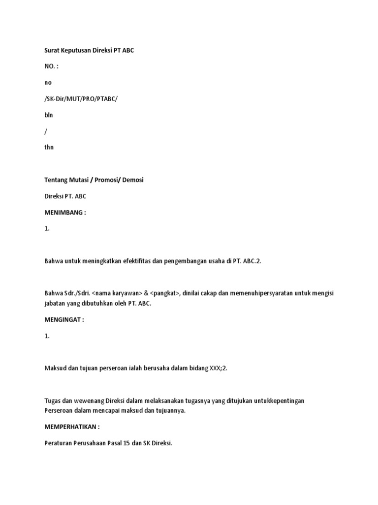 Surat Keputusan Direksi PT ABC | PDF