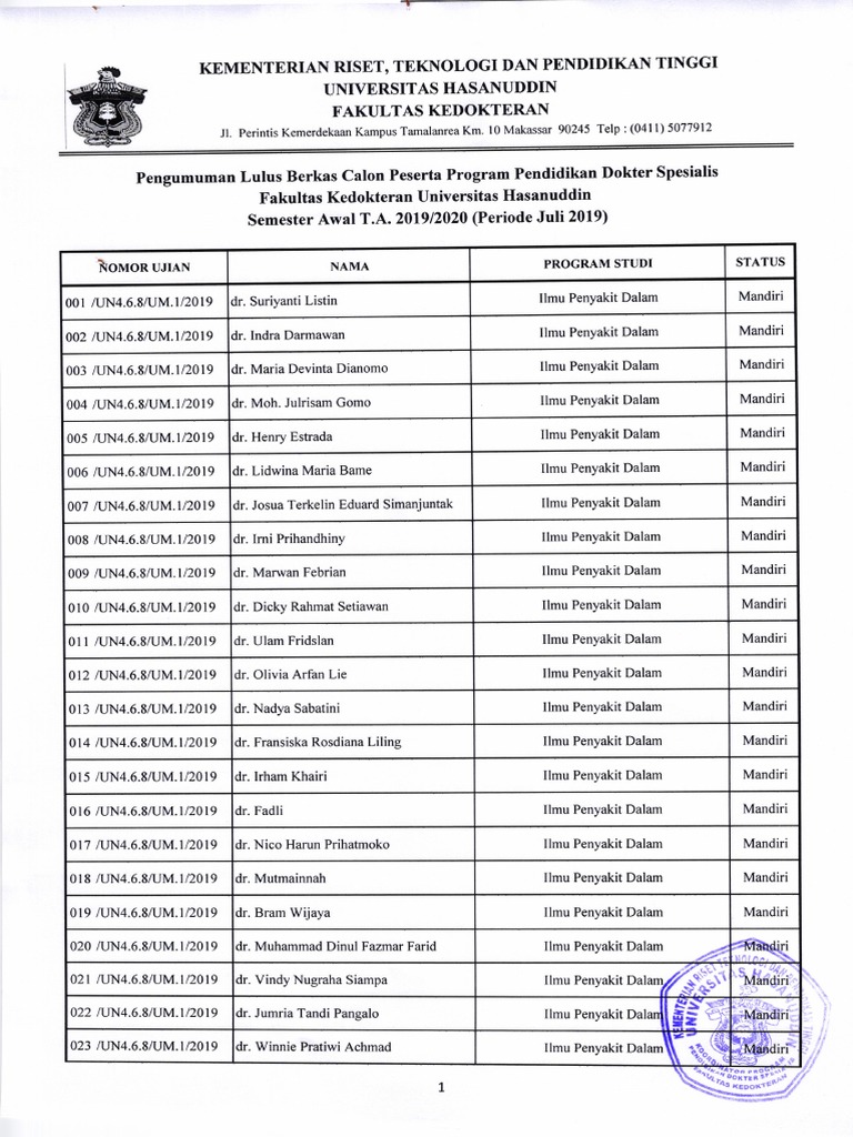 Pengumuman Lulus Berkas Calon Peserta PPDS FK UNHAS Periode Juli 2019 PDF | PDF