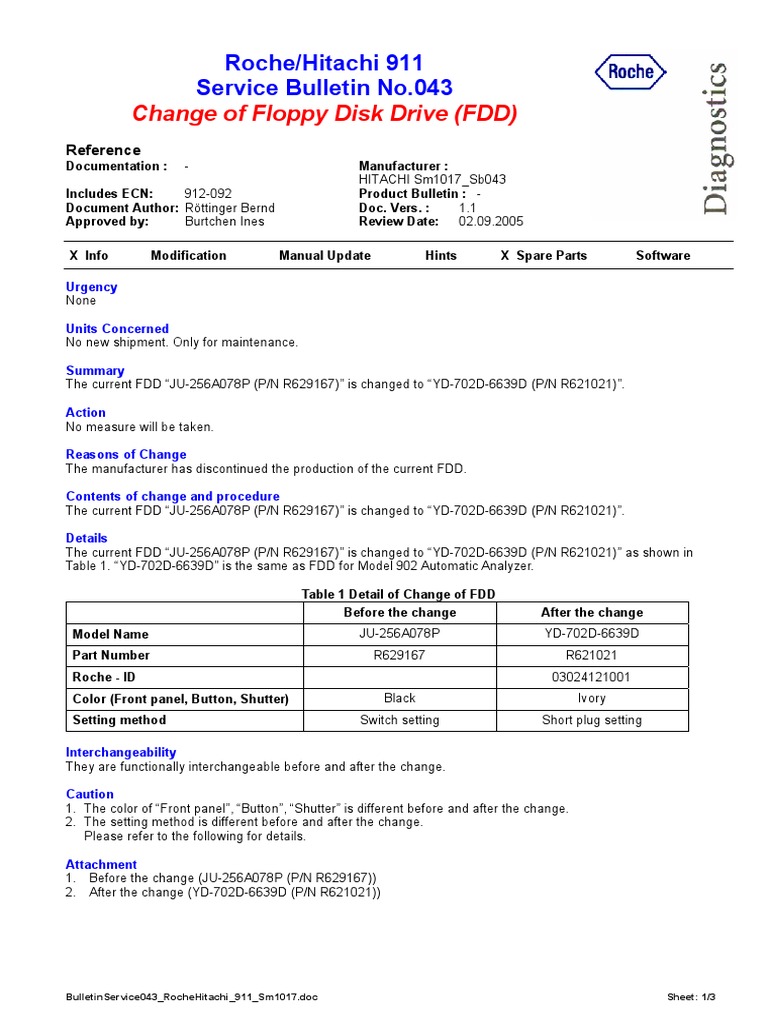 Change Floppy Disk Drive Model Roche Hitachi 911 Analyzer | PDF ...