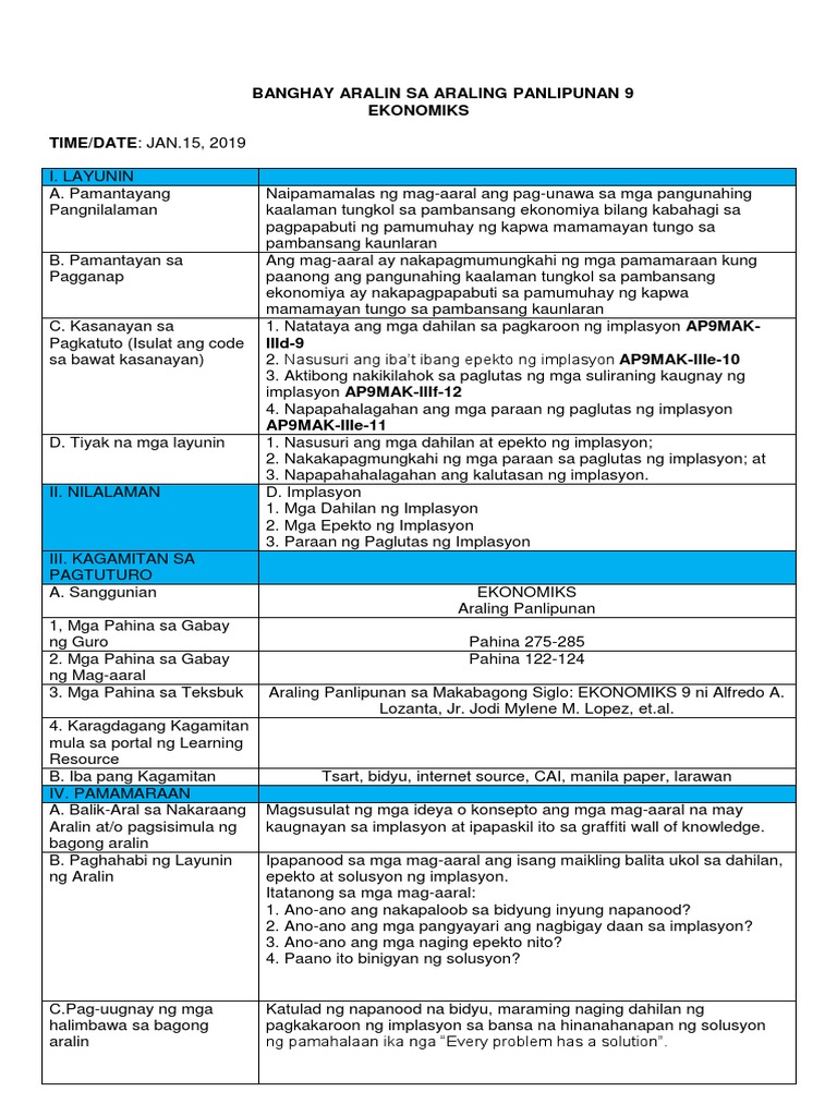 Banghay Aralin Sa Araling Panlipunan 9 | PDF