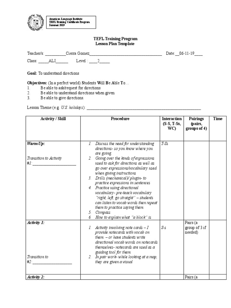 First LP Tefl Lesson Plan Template 2019 Speaking Listening | PDF ...