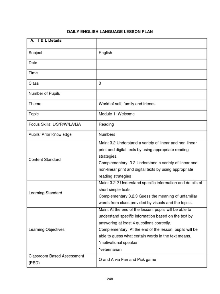 Daily English Language Lesson Plan A. T & L Details | PDF | Lesson Plan ...