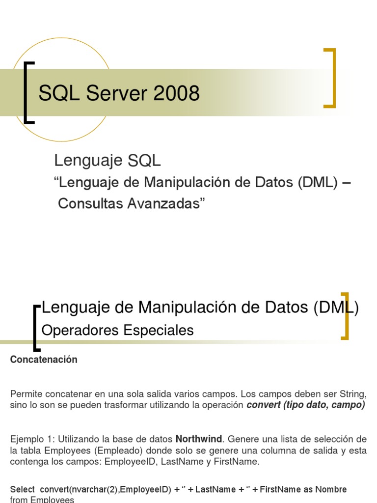 Lenguaje SQL Lenguaje de Manipulación de Datos (DML) - Consultas Avanzadas | PDF | SQL ...