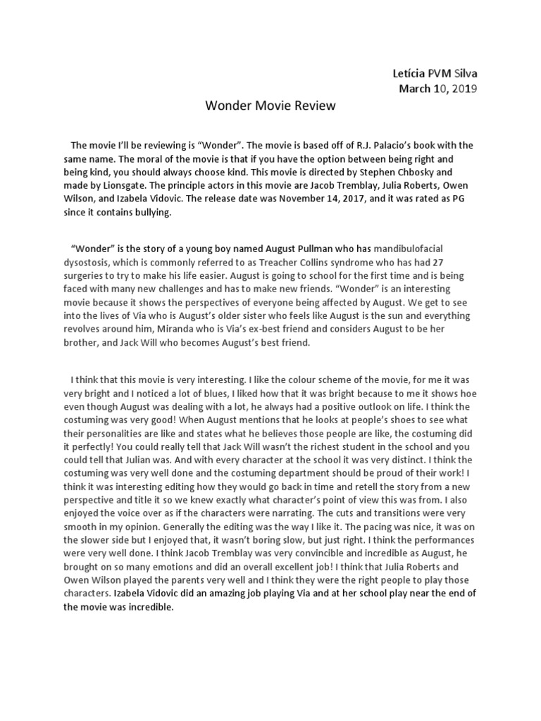 "Wonder Movie Review and Analysis" | PDF