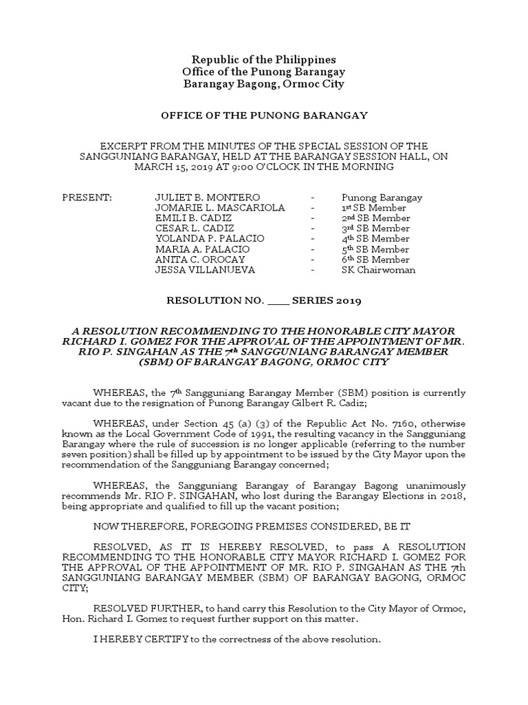 Draft Resolution - Appointment of 7th SBM | PDF | Government