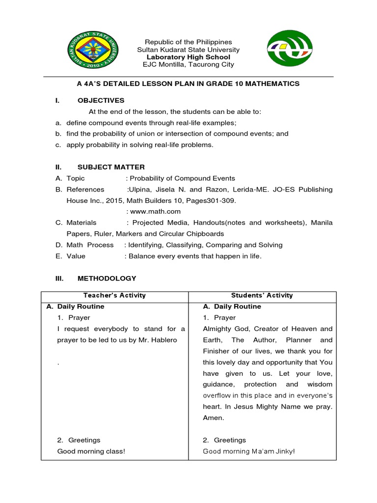 Grade 10 Probability Lesson Plan | PDF | Probability | Classroom