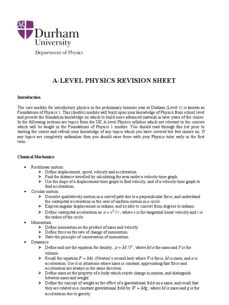 A-Level Physics Revision Sheet | PDF | Waves | Temperature