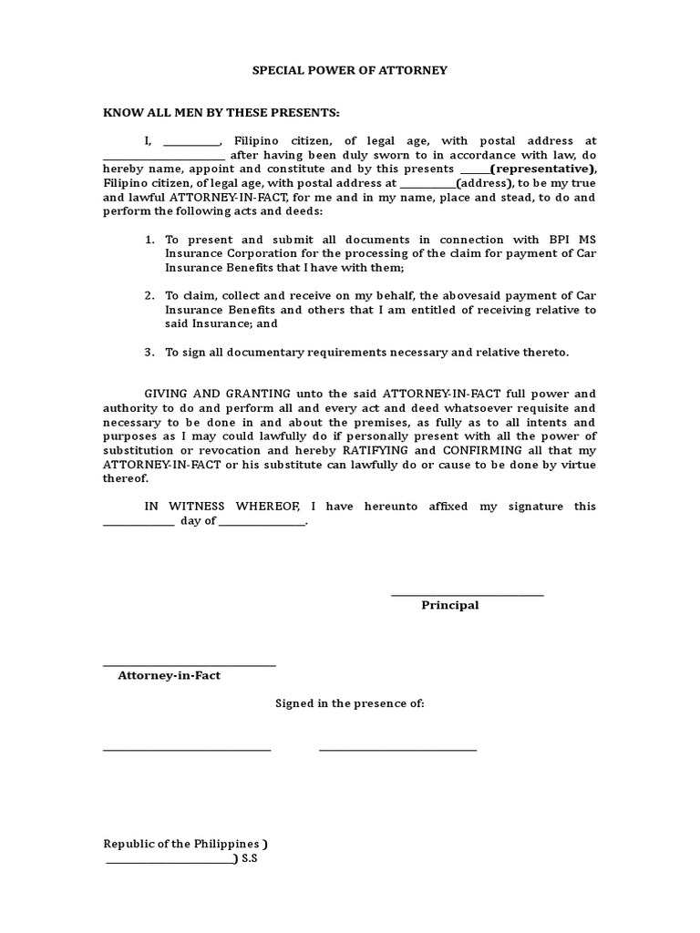 SPA For Car Insurance | PDF | Power Of Attorney | Civil Law (Common Law)